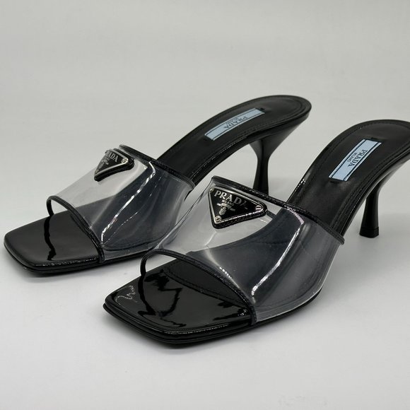 Prada | Shoes | Prada Signature Triangle Logo Pvc Patent Mule Sandals ...